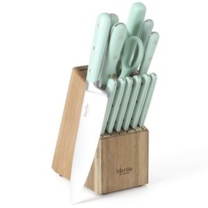 martha stewart eastwalk 14 piece high carbon stainless steel cutlery knife block set w/abs triple riveted forged handle acacia wood block - martha blue