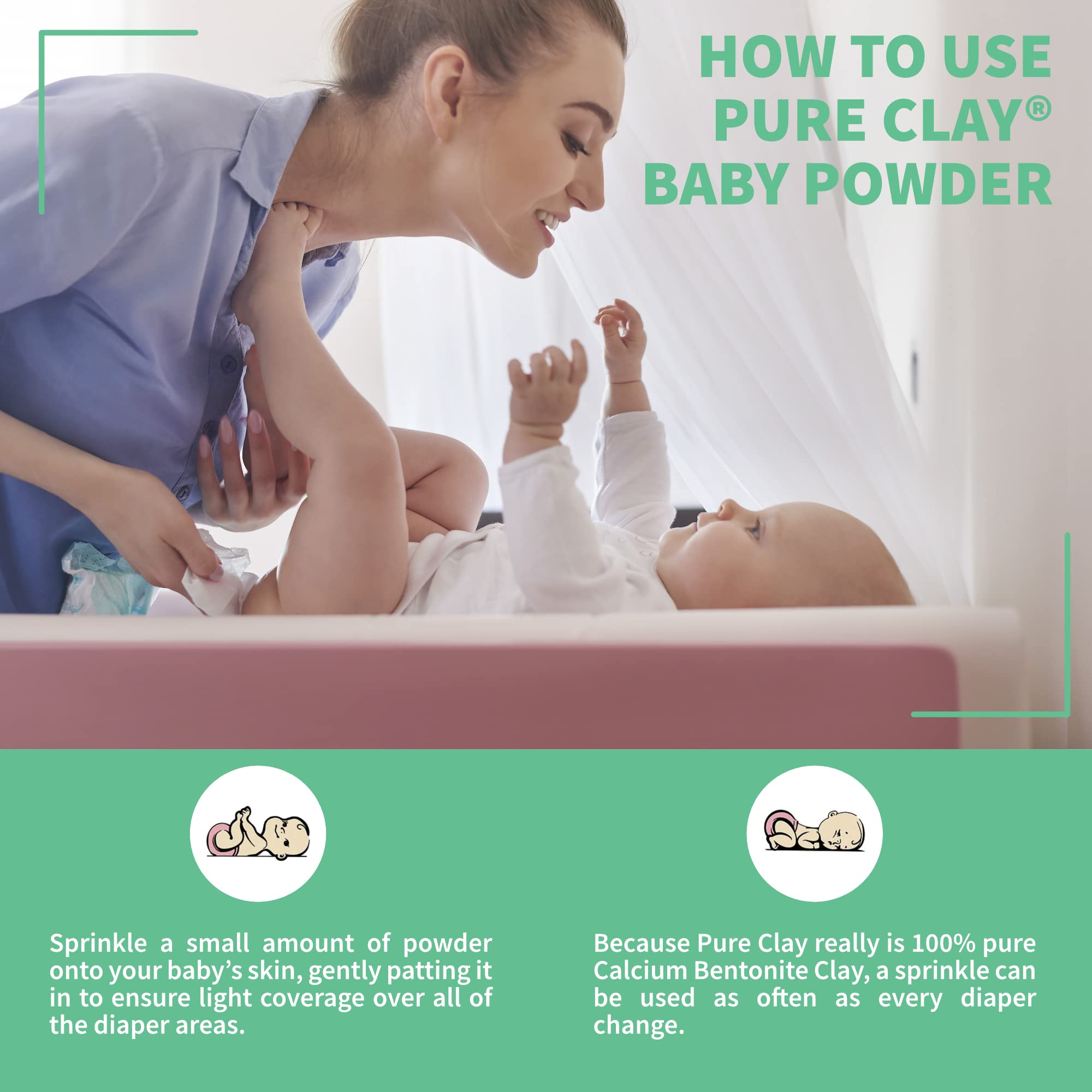 Bentonite Clay Baby Powder, Pure Calcium Bentonite Clay Food Grade Baby Powder for Sensitive Skin, Travel Size Baby Powder, Gentle Baby Skin Care