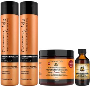 sunny isle jamaican black castor oil extreme hydrating shampoo & conditioner 10.1oz, intensive repair masque 16oz and extra dark jbco 2oz, 4-piece hair growth repair bundle