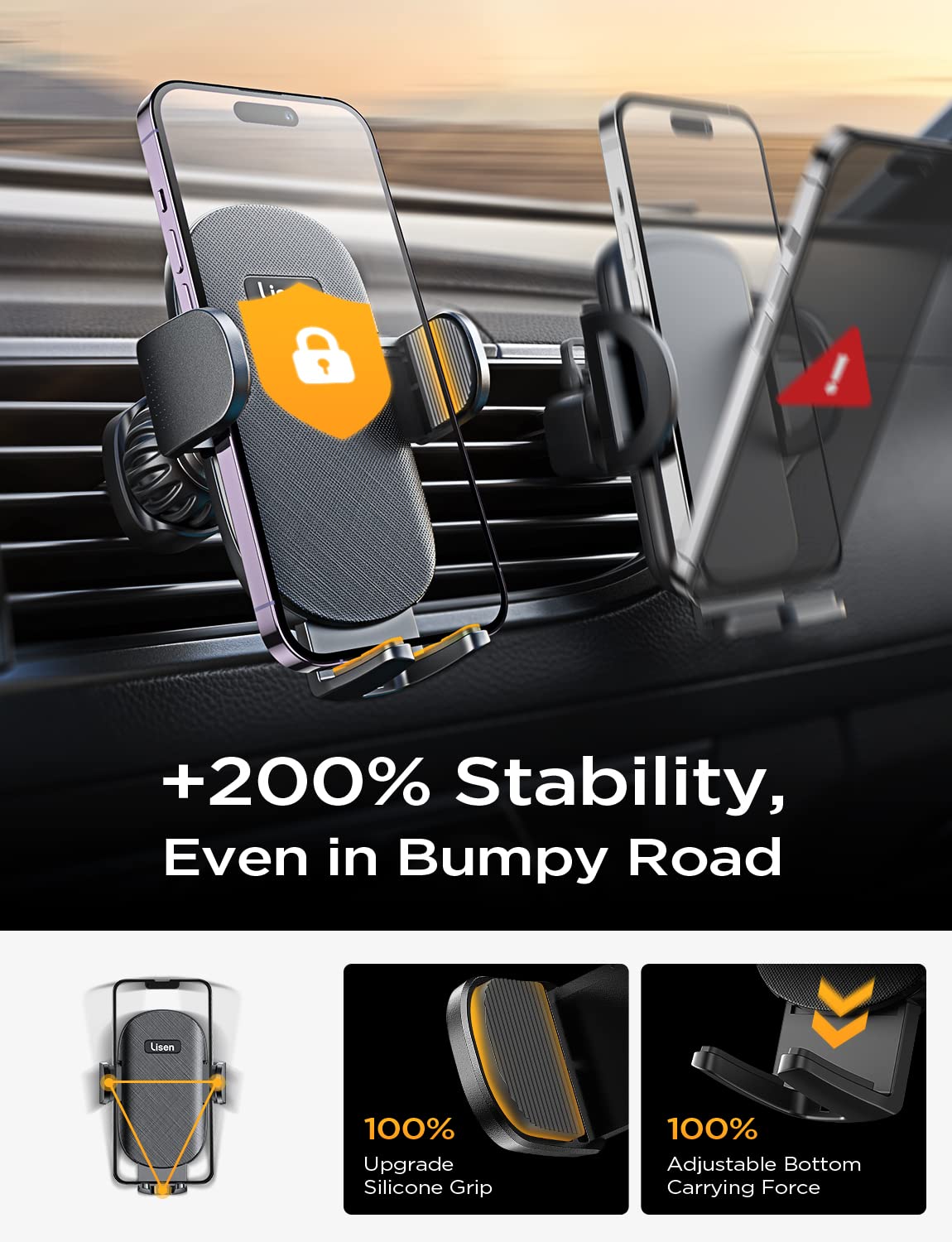 LISEN Phone Mount for Car [Ultla Stable] Phone Holder for Car Vent[Never Blocking] Steel Hook Clip Car Phone Holder Mount for iPhone 15 14 13 Pro Samsung Galaxy S223/S22/S21 All Phones