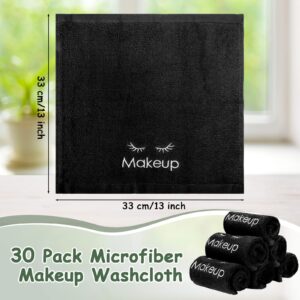 30 Pieces Microfiber Makeup Remover Cloths 13 x 13 Inches Makeup Towels Reusable Absorbent Make up Removers Face Wash Cloth Makeup Washcloths with Makeup Embroidery for Women, Black