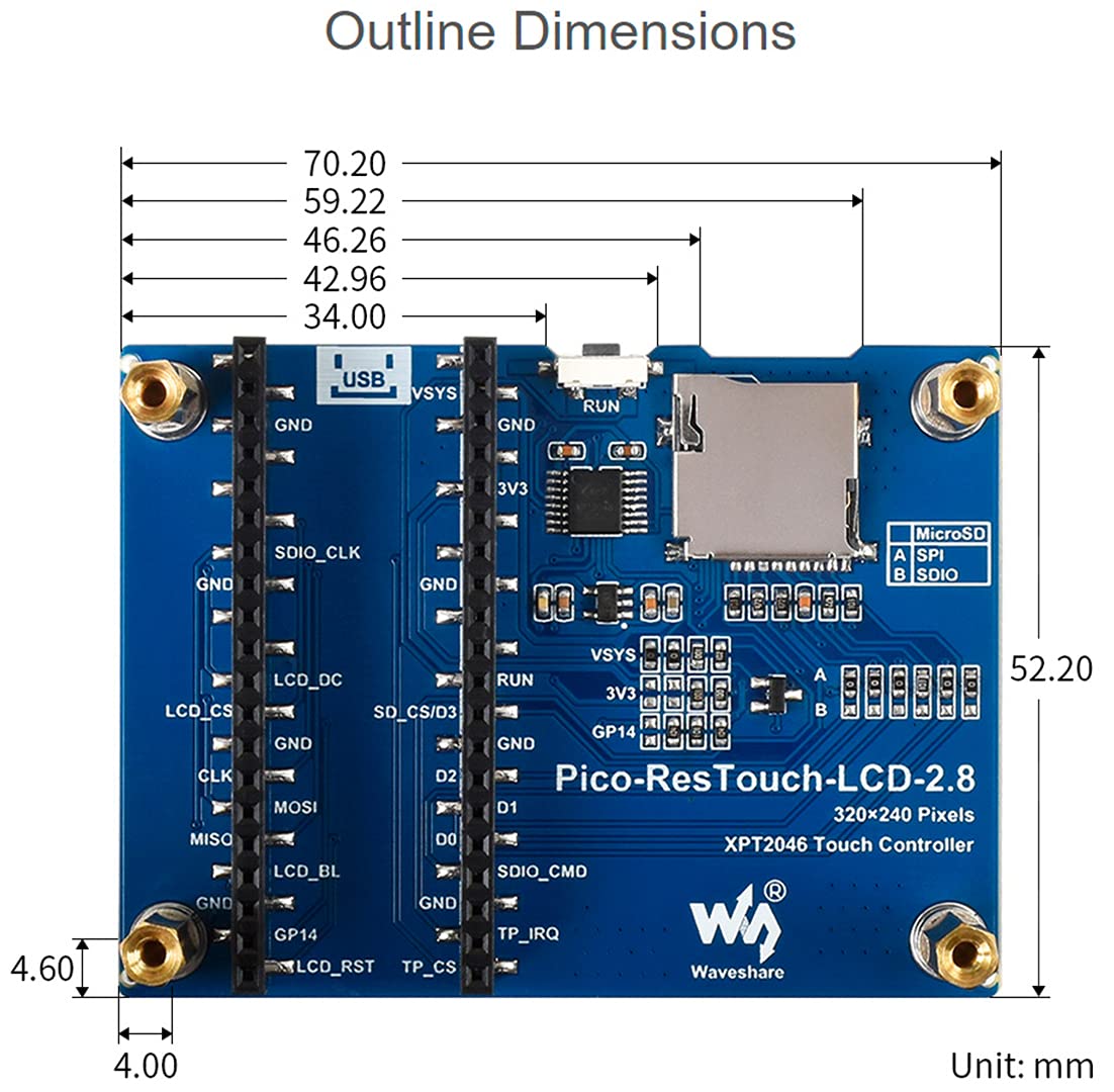 waveshare 2.8inch Resistive Touch Display Module for Raspberry Pi Pico, 320×240 Pixels IPS LCD Screen,Touch Controller XPT2046, SPI Interface, 262K Display Color