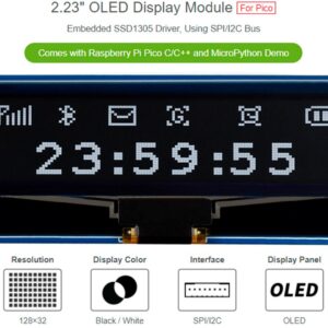 2.23inch OLED Display Module for Raspberry Pi Pico, 128×32 Pixel,4-Wire SPI/I2C Interface, 3.3V/5V Operating Voltage