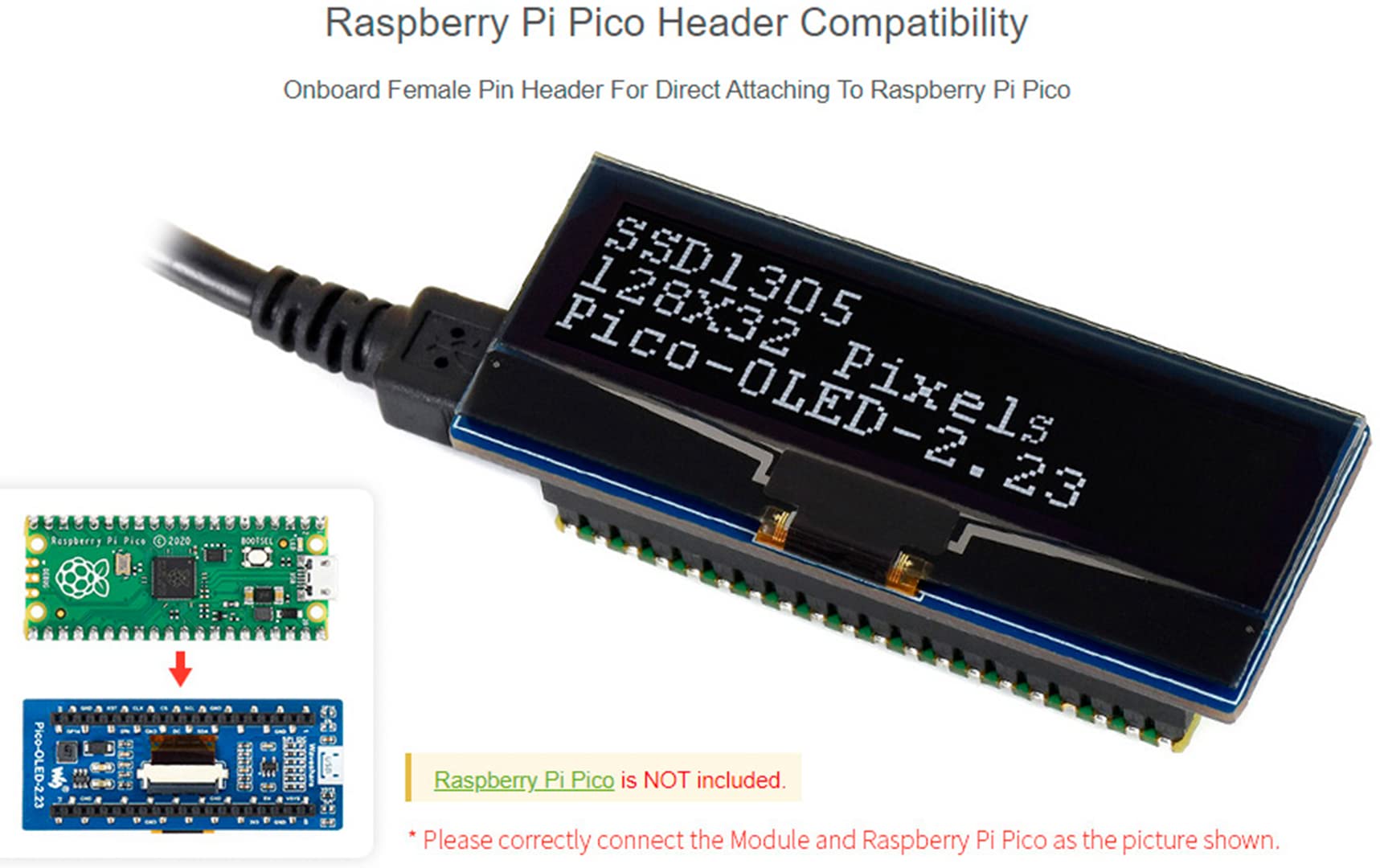 2.23inch OLED Display Module for Raspberry Pi Pico, 128×32 Pixel,4-Wire SPI/I2C Interface, 3.3V/5V Operating Voltage