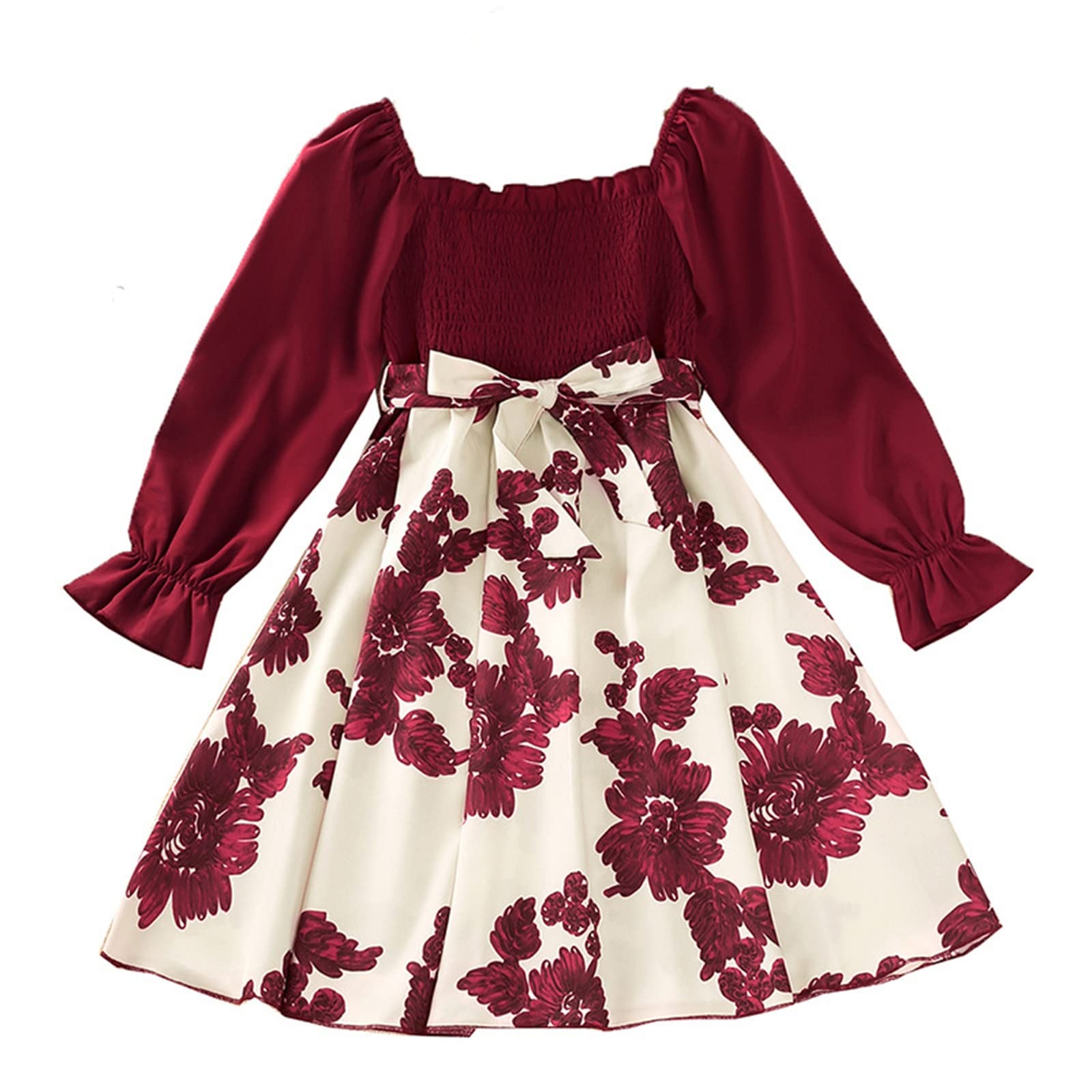 Kids Toddler Child Girls Long Ruffled Sleeve Patchwork Floral Print Princess Dress Outfits Belle (Red, 10-12 Years)