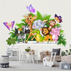 colorful animal wall sticker green leaf butterfly cartoon animal sticker african jungle elephant giraffe monkey lion lifelike 3d picture children's bedroom wallpaper decoration nursery classroom living room (green1)