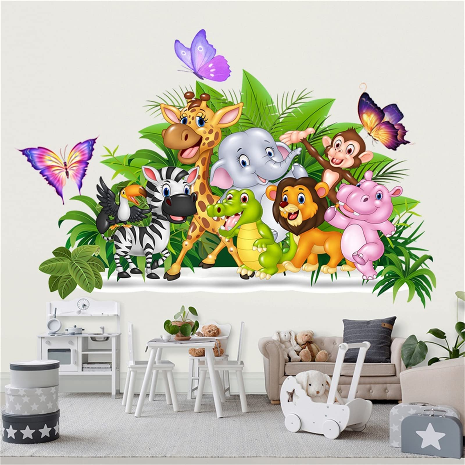 Colorful Animal Wall Sticker Green Leaf Butterfly Cartoon Animal Sticker African Jungle Elephant Giraffe Monkey Lion Lifelike 3D Picture Children's Bedroom Wallpaper Decoration Nursery Classroom Living Room (Green1)