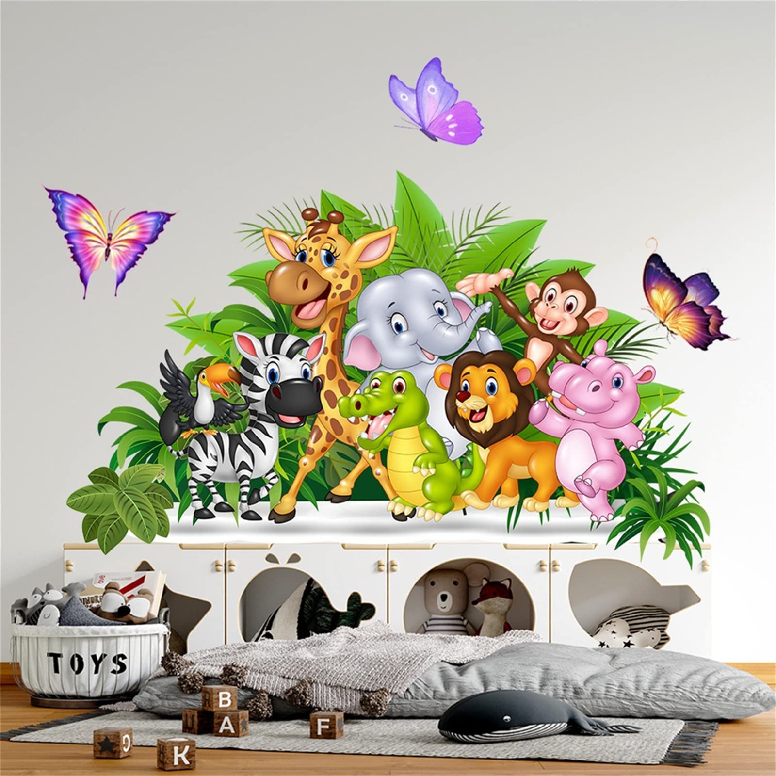 Colorful Animal Wall Sticker Green Leaf Butterfly Cartoon Animal Sticker African Jungle Elephant Giraffe Monkey Lion Lifelike 3D Picture Children's Bedroom Wallpaper Decoration Nursery Classroom Living Room (Green1)