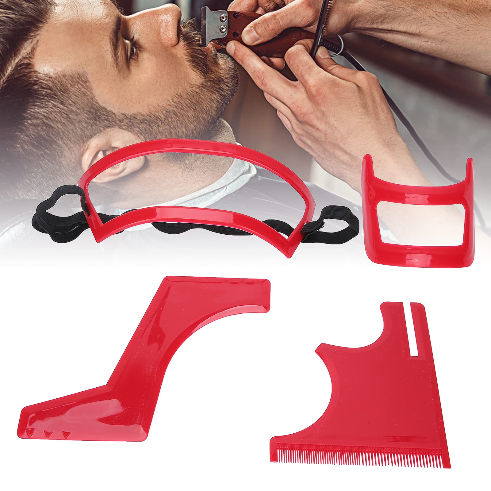 Beard Hairline Shaping Tool, Beard Shaping Tool Kit, Haircut Tool Kit, Comb For Beard Trimming, Beard Styling Cutting Hairline Grooming Red Plastic Beard Template Set (4pcs)