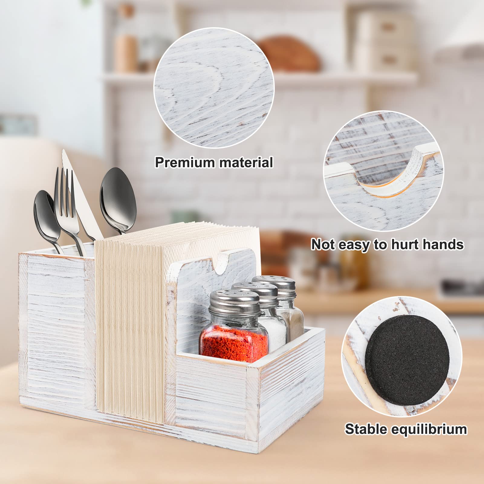 Napkin Holder for Table, SRAPWATI Wood Napkin Holder, Napkin Holders for Kitchen Table Farmhouse Napkin Holder Storage Salt & Pepper Shakers Set, Perfect for Dining Table, Restaurant, Kitchen (White)