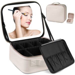 az gogo travel makeup bag with light up mirror, makeup train case with lighted mirror 3 color brightness, waterproof portable cosmetic bag organizer (creamy white)