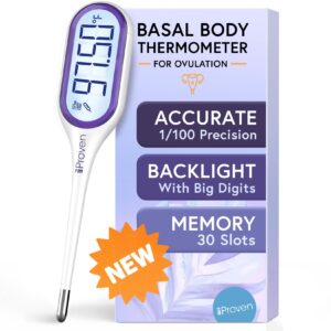 iproven basal body thermometer with backlight & big digits, 1/100 degree high precision, bbt for ovulation tracking, 30 memory recall, accurate fertility temperature tracker