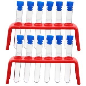 plastic test tube set with rubber stoppers and plastic rack, includes 12pcs test tube and 2pcs storage stand, science learning tools, test tube vial shot plastic holder rack