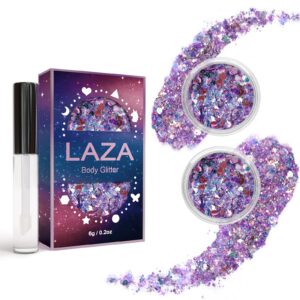 laza body glitter, 2 jars iridescent chunky sequins with glitter glue perfect for women eyeshadow makeup face paint festival rave outfits hair accessories carnival party costumes - colorful purple