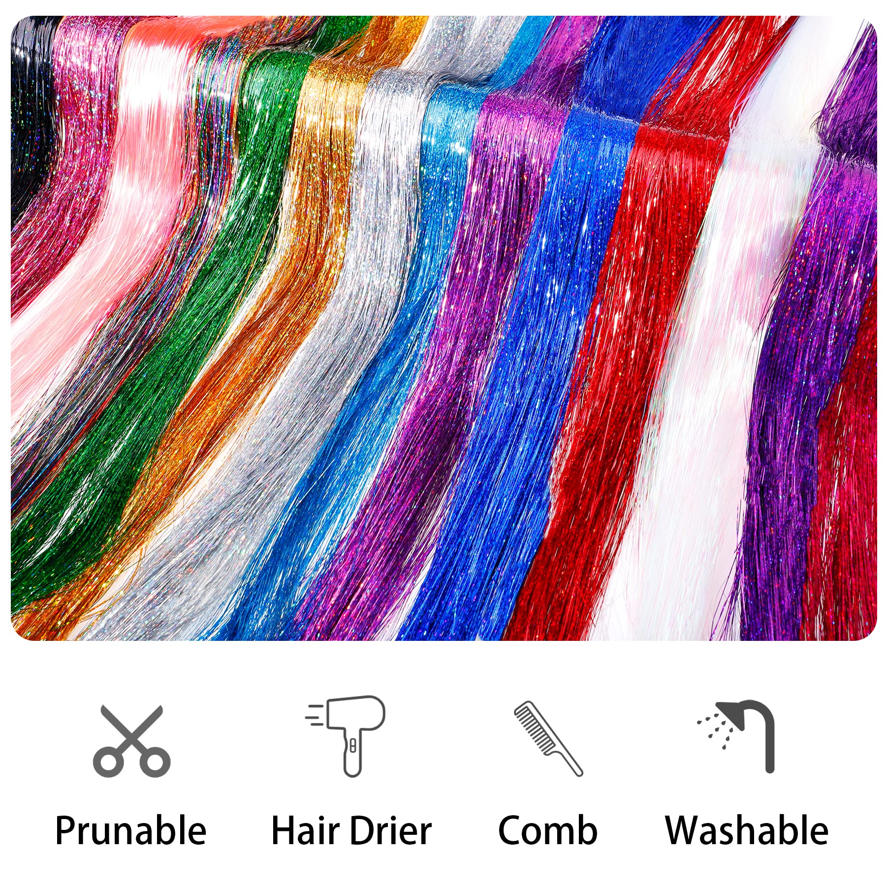 HAUTOCO Hair Tinsel Kit, 2800 Strands 47 Inch Glitter Tinsel Hair Extensions with Tools Fairy Hair Tinsel Kit, Heat Resistant Sparkling Hair Tinsel for Cosplay Christmas New Year Party(14 Colors)