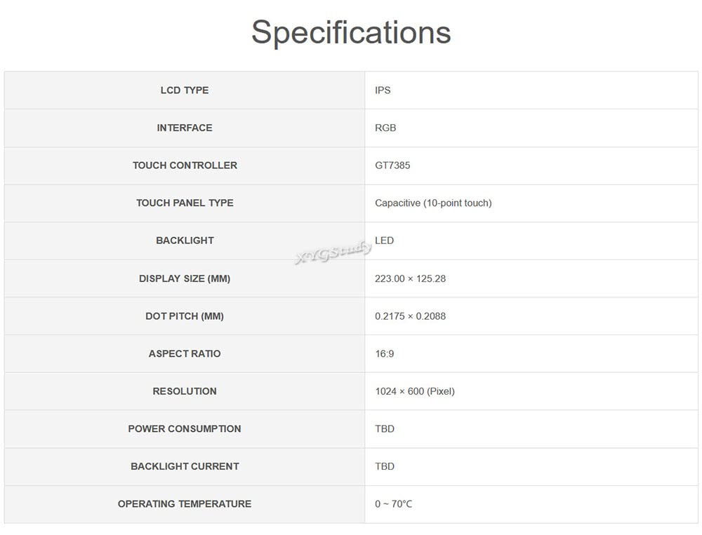 XYGStudy 10.1inch Capacitive Touch IPS Panel Display LCD (F) 1024 × 600 Resolution Toughened Glass