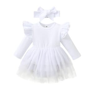 baby girl clothes infant ruffle sleeve romper dress newborn solid tutu skirt sets jumpsuit headband outfit (032b-white, 9-12 months)