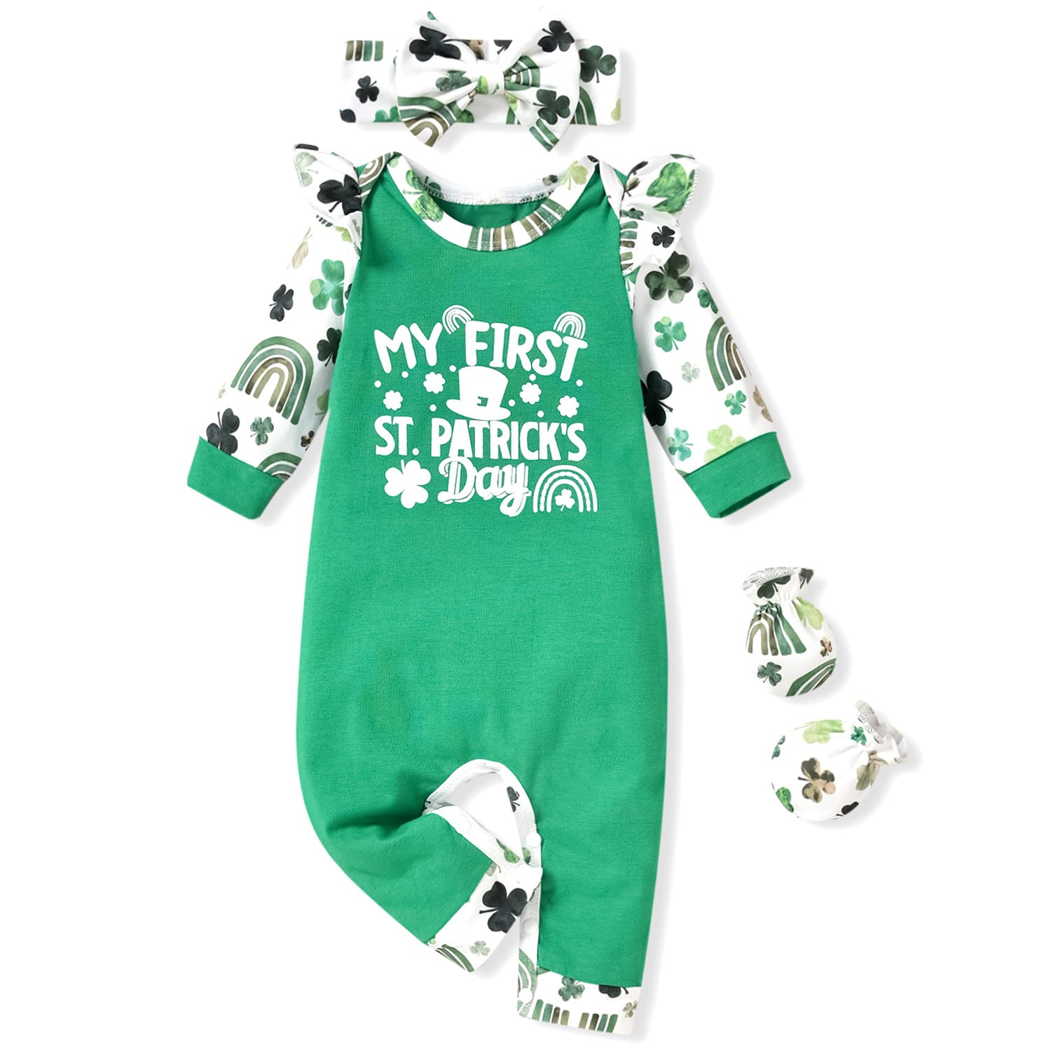 Newborn Baby Girl First 1st St. Saint Patrick's Day Outfits Shamrock Clover Romper Jumpsuit Clothes Set Nb