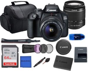 canon eos 4000d (rebel t100) dslr camera w/canon ef-s 18-55mm f/3.5-5.6 zoom lens + case + sandisk 64gb memory card + 3pc filter kit + card reader + cleaning kit (international model) (renewed)