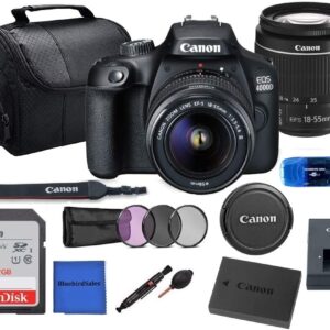 Canon EOS 4000D (Rebel T100) DSLR Camera w/Canon EF-S 18-55mm F/3.5-5.6 Zoom Lens + Case + Sandisk 64GB Memory Card + 3pc Filter Kit + Card Reader + Cleaning Kit (International Model) (Renewed)