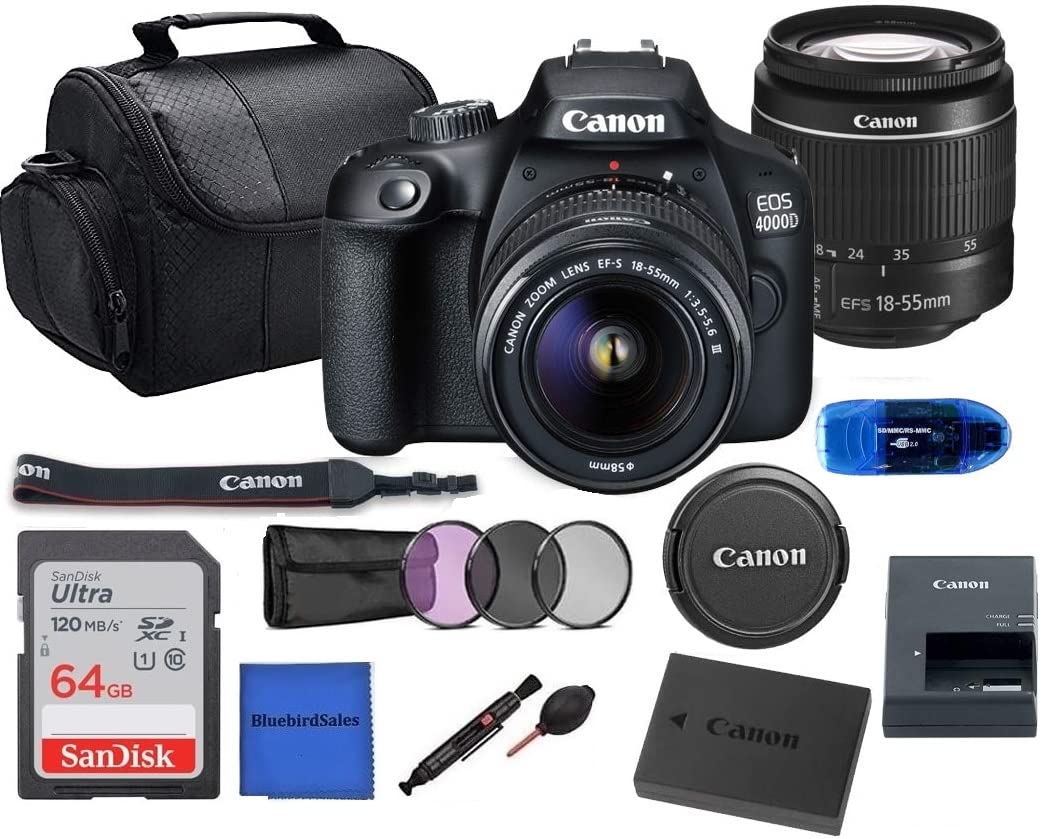 Canon EOS 4000D (Rebel T100) DSLR Camera w/Canon EF-S 18-55mm F/3.5-5.6 Zoom Lens + Case + Sandisk 64GB Memory Card + 3pc Filter Kit + Card Reader + Cleaning Kit (International Model) (Renewed)