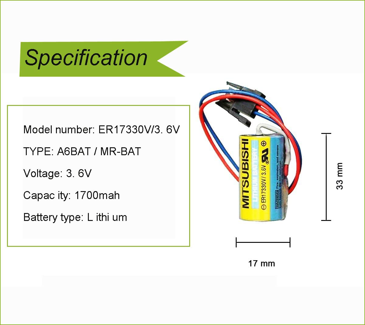 (10 Pack) 1700mAh MR-BAT ER17330V/A6BAT PLC Battery Size 2/3A 3.6V Li-ion Battery w/Plug