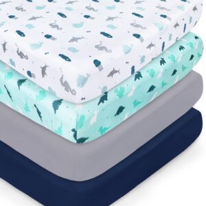 crib sheets for boys or girls 4-pack, fitted crib sheet 52'' x 28'' for standard crib & toddler mattress, soft and breathable material, baby crib sheets neutral, dinosaurs & ocean