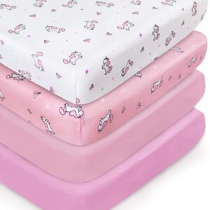 crib sheets girl 4-pack, fitted crib sheets 52'' x 28'' for standard crib & toddler mattress, soft and breathable material, baby girl crib sheets neutral, pink