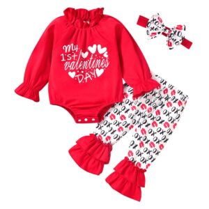 newborn baby girl my first valentines day outfits my 1st valentines day romper+pants+headband clothes set (red, 0-3 months)