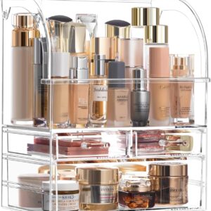 HBlife Large Clear Acrylic Cosmetic Makeup Organizer with Lid, High Capacity Cosmetics Storage Display Case with Drawers, Dustproof Waterproof Make Up Storage Box for Vanity Bathroom, XL