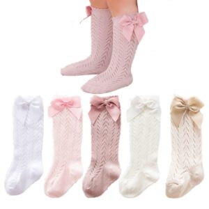 taous assam baby girls knee high socks toddler bow mesh long stockings infants thin socks for spring summer 5-pack mesh size 0-12 months