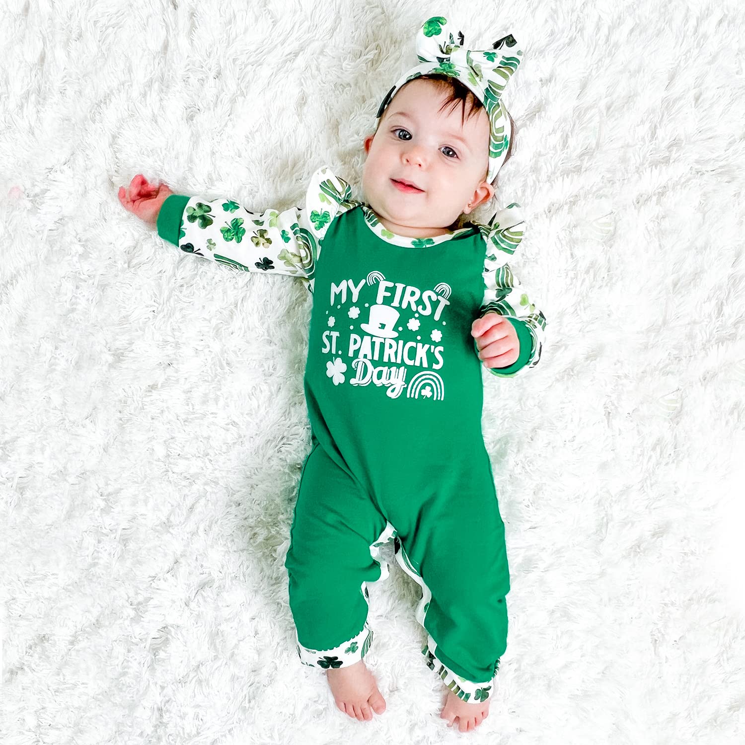 Newborn Baby Girl First 1st St. Saint Patrick's Day Outfits Shamrock Clover Romper Jumpsuit Clothes Set Nb