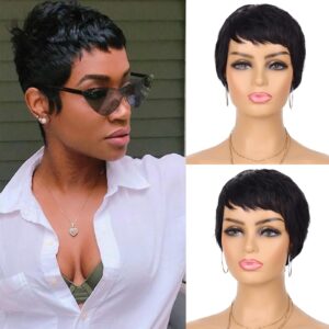 guree hair glueless wear and go wig pixie cut human hair wigs for black women none lace front wig short pixie cut layered wigs with bangs for daily wear (black)