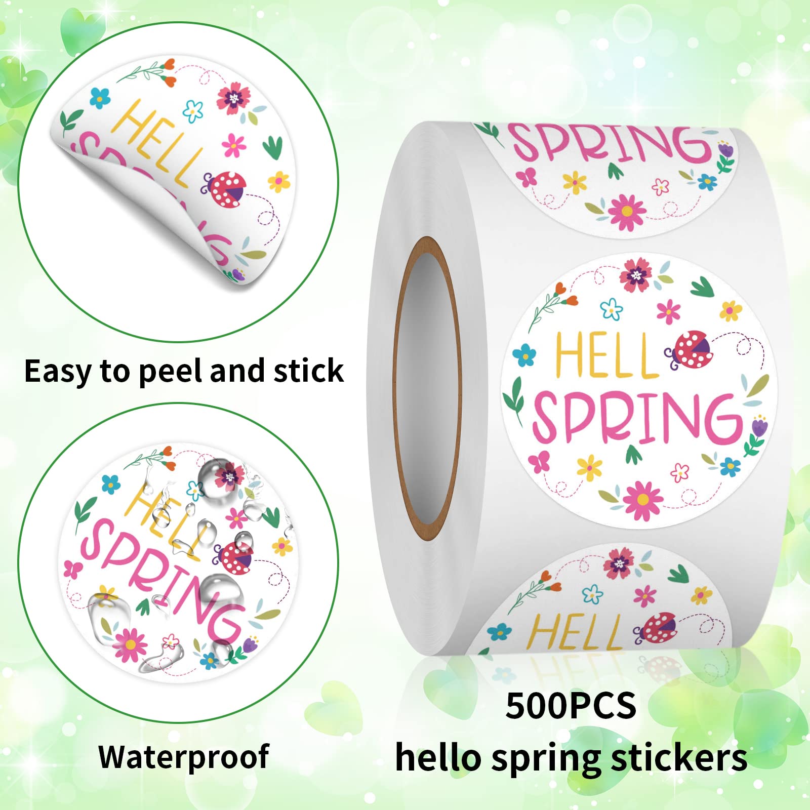 Heyfibro 500PCS Hello Spring Sticker Rolls, 1.5 Inches Round Label Stickers for Kids and Adults, Spring Holiday Stickers for Gift Packing, Cards, Candy Bags, Party Supplies