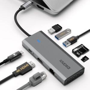 docking station - idsonix 8 in 1 usb c hub aluminum multiport adapter with hdmi 4k@60hz, pd 100w, 1gigabit ethernet, sd/tf card reader for macbook air/pro ipad dell/hp laptop and more