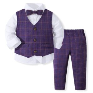 toddler gentleman baby boy's long sleeve white shirt with fake dark purple plaid vest + pants with bowtie outfit suits 3-4 years