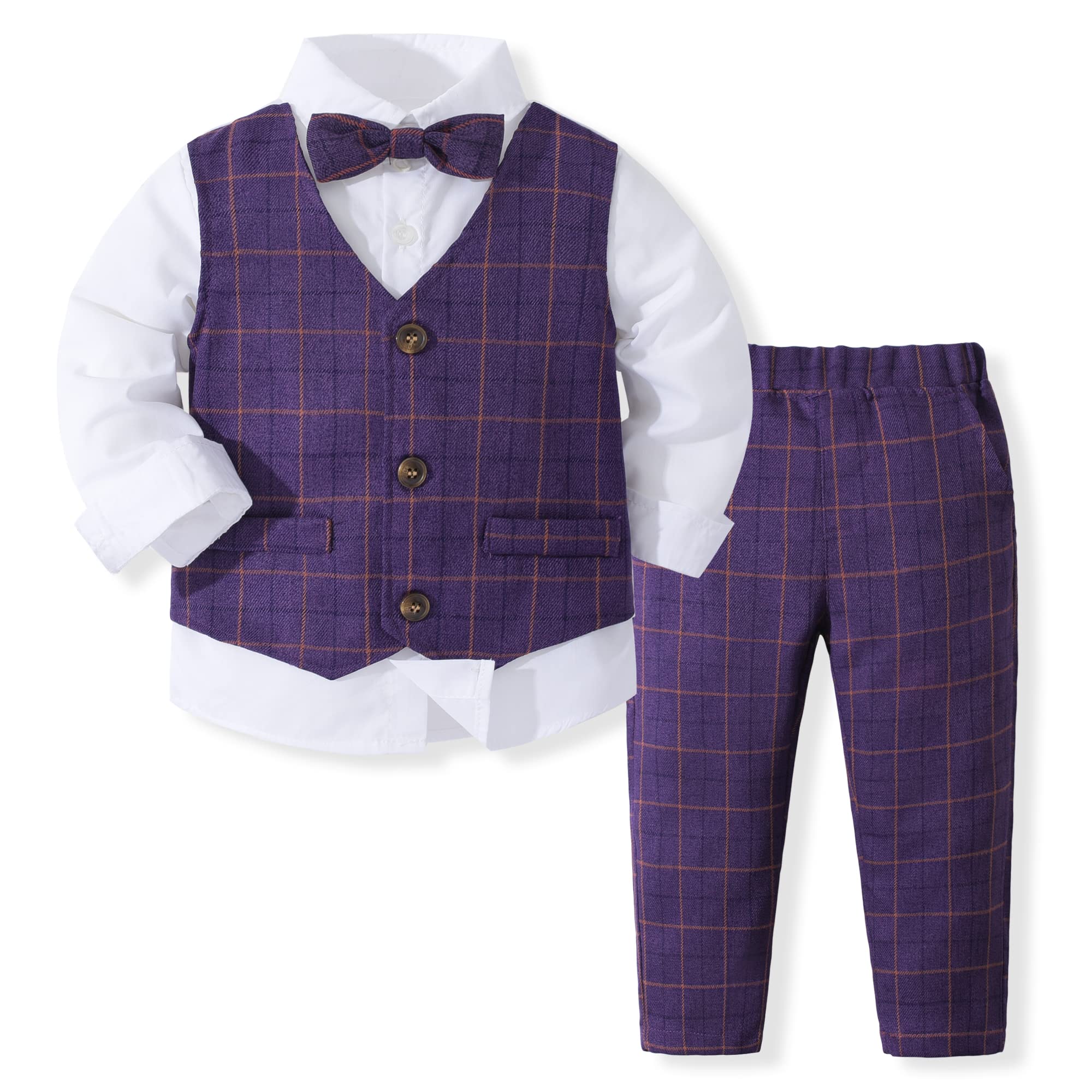 Toddler Gentleman Baby Boy's Long Sleeve White Shirt with Fake Dark Purple Plaid Vest + Pants with Bowtie Outfit Suits 3-4 Years