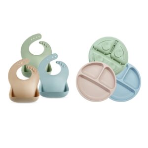 pandaear set of 3 cute silicone baby bibs & unbreakable silicone baby and toddler plates