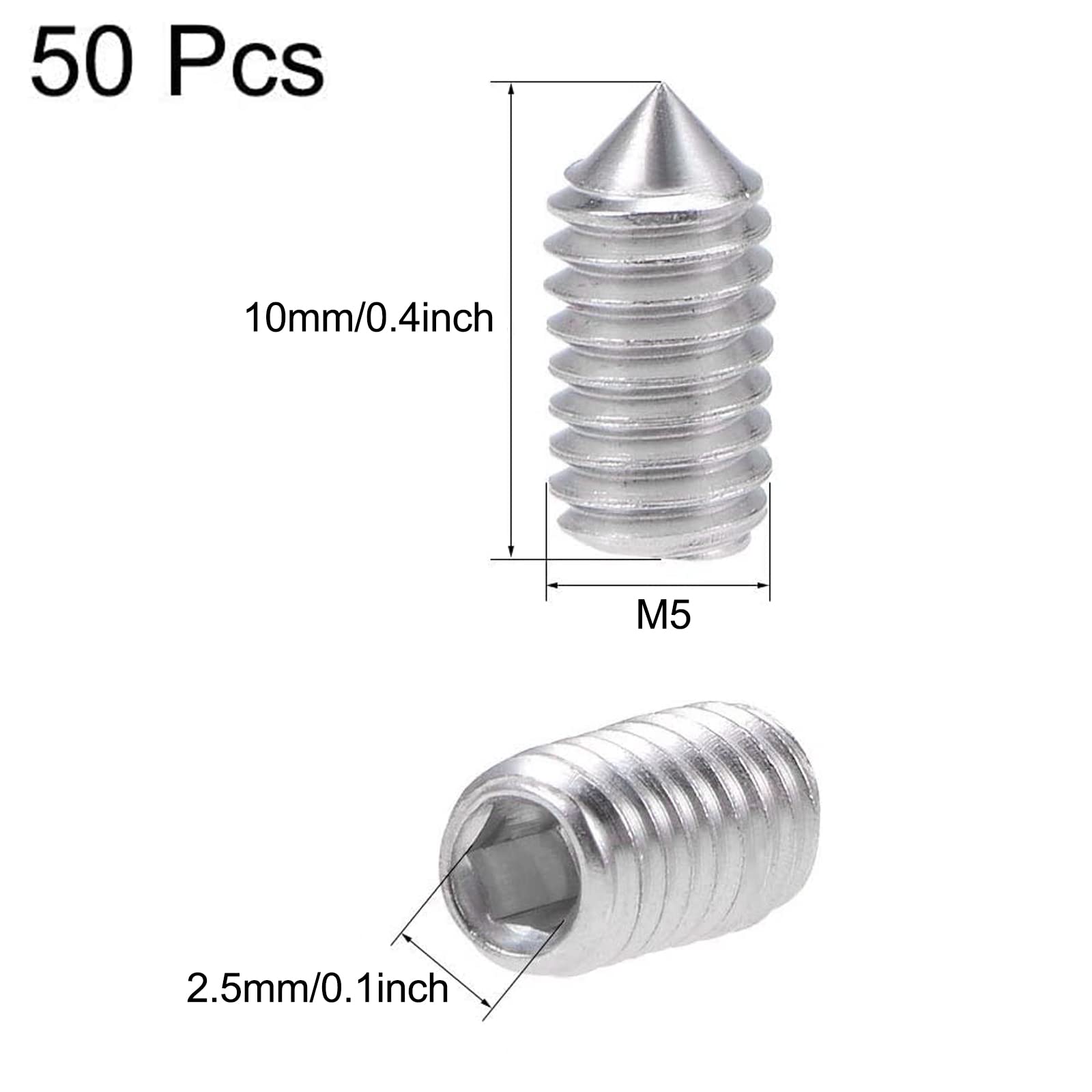 50 Pcs M5x10mm Internal Hex Socket Set Grub Screws Cone Point 304 Stainless Steel Screw, Key Socket Cone Point Grub Screw/Set Screws