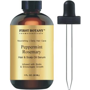 first botany, peppermint rosemary oil encourages hair growth, scalp & hair strengthening serum with biotin, nourishing treatment for split ends, dry scalp, safe for all hair types, 1 fl oz