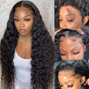 water wave lace front wigs human hair wigs for black women 13x4 lace front wigs human hair pre plucked with baby hair wet and wavy hd lace frontal wigs 180% density natural color 28inch