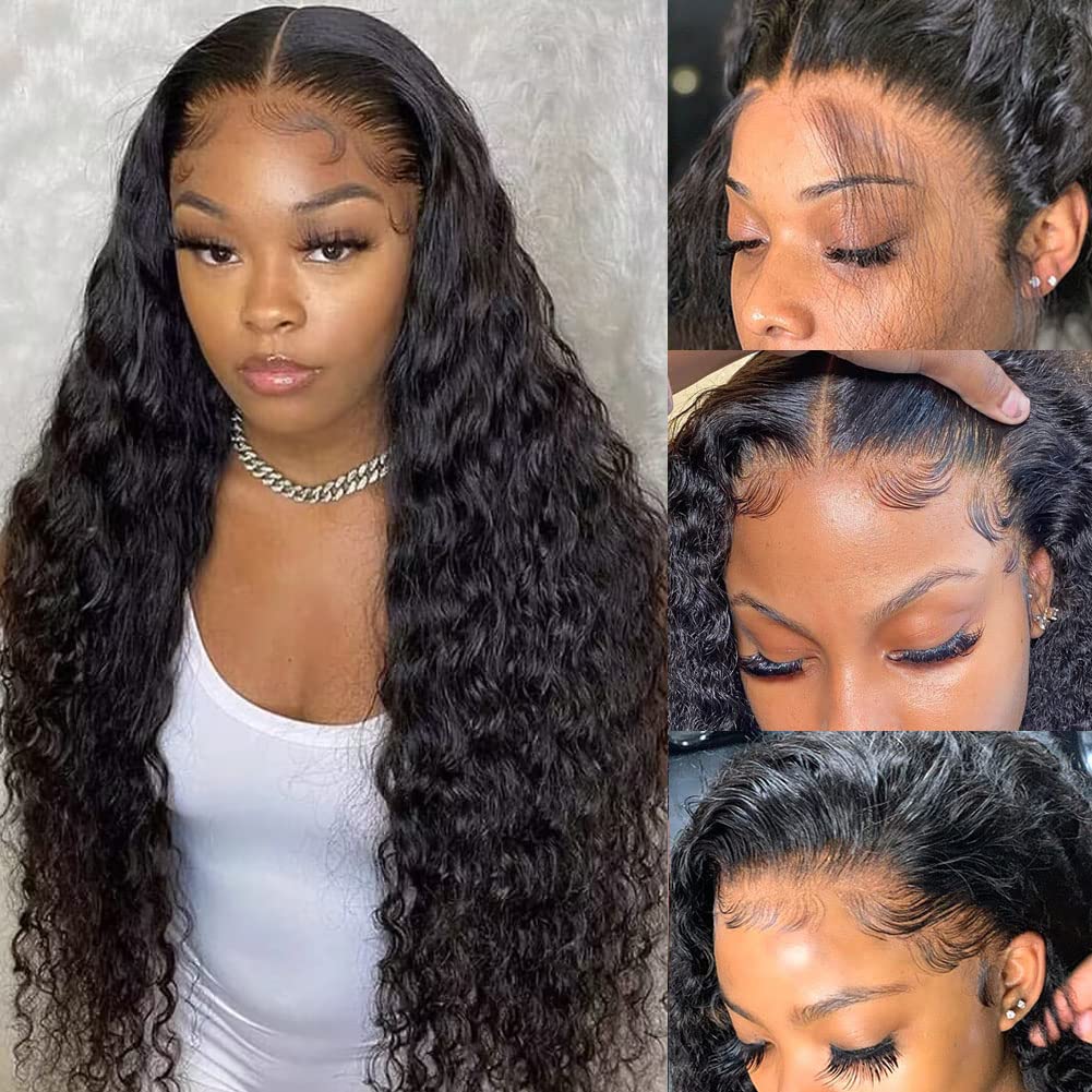 Water Wave Lace Front Wigs Human Hair Wigs for Black Women 13x4 Lace Front Wigs Human Hair Pre Plucked with Baby Hair Wet and Wavy HD Lace Frontal Wigs 180% Density Natural Color 28inch