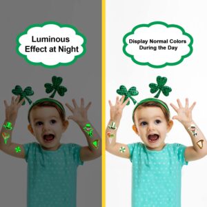 Cerlaza Glow St.Patricks Day Tattoos for Kids, Luminous St.Patricks Day Temporary Tattoos for Boys and Girls, Irish Shamrock Flag Hat Balloons Tattoo Stickers for Party Favors Supplies-10 Sheets