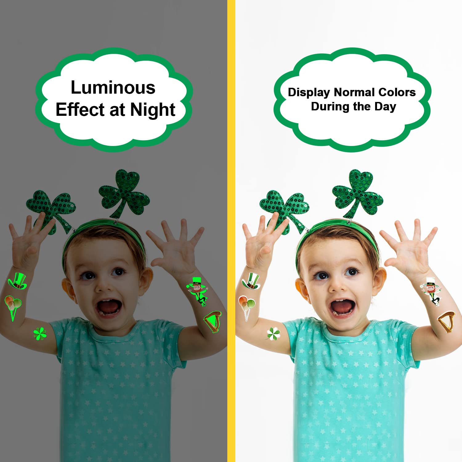 Cerlaza Glow St.Patricks Day Tattoos for Kids, Luminous St.Patricks Day Temporary Tattoos for Boys and Girls, Irish Shamrock Flag Hat Balloons Tattoo Stickers for Party Favors Supplies-10 Sheets