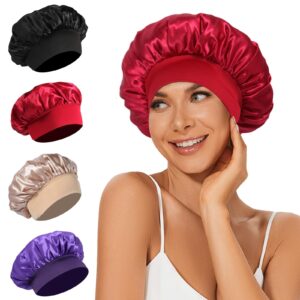 4pcs satin bonnet silk bonnet, hair bonnet for sleeping, elastic wide band silk sleep cap, soft and breathable (black red purple gold)