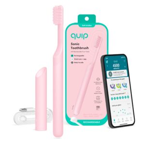 quip rechargeable smart sonic toothbrush for adults - timed electric toothbrush with bluetooth & rewards app - replaceable brush head, soft bristles, metal handle - travel toothbrush - all-pink