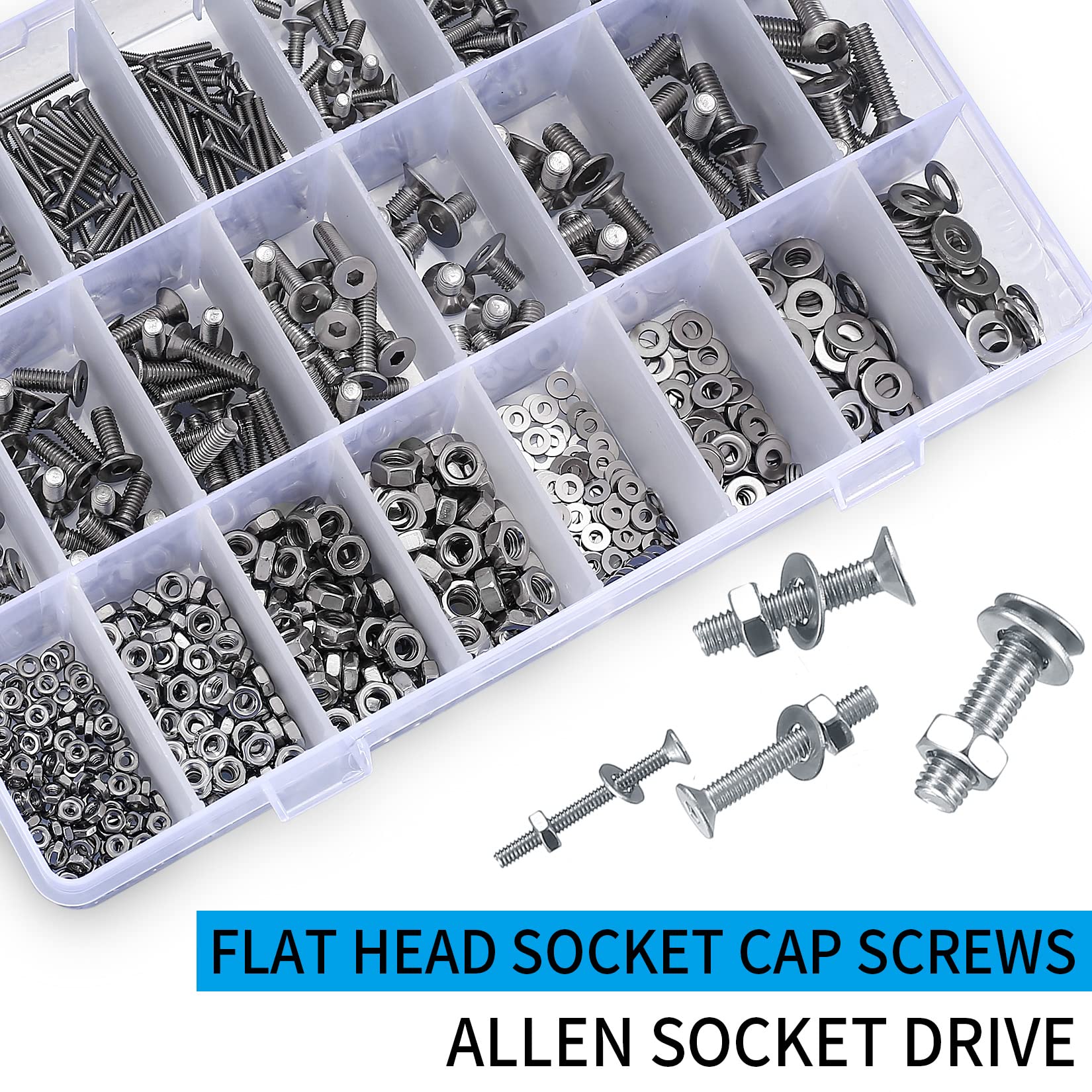 950 Pcs Flat Head Hex Socket Head Cap Screws Bolts and Nuts and Washers Assortment Kit, M2/M3/M4/M5 Allen Socket Drive Stainless Steel Bolts Nuts Washers Set