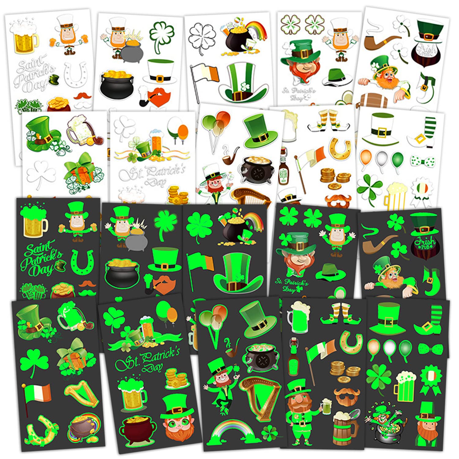 Cerlaza Glow St.Patricks Day Tattoos for Kids, Luminous St.Patricks Day Temporary Tattoos for Boys and Girls, Irish Shamrock Flag Hat Balloons Tattoo Stickers for Party Favors Supplies-10 Sheets