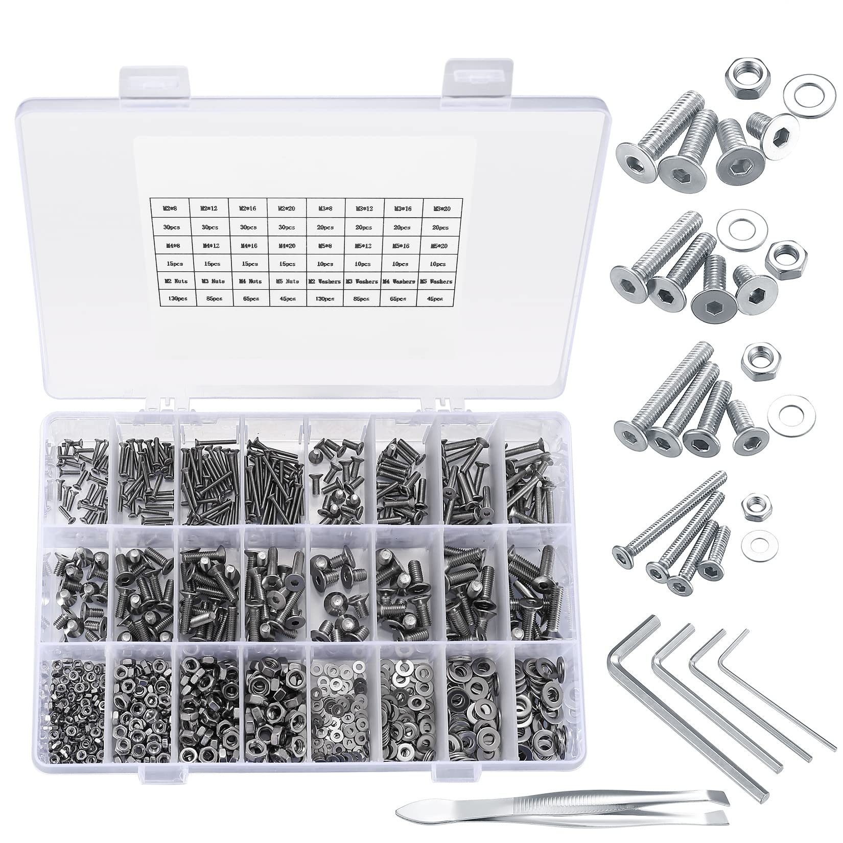 950 Pcs Flat Head Hex Socket Head Cap Screws Bolts and Nuts and Washers Assortment Kit, M2/M3/M4/M5 Allen Socket Drive Stainless Steel Bolts Nuts Washers Set