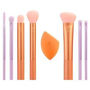 real techniques 8 piece level up brush and sponge set, makeup brushes for eyeshadow, foundation, blush, & bronzer, makeup blending sponge, synthetic bristles, stocking stuffer, cruelty-free